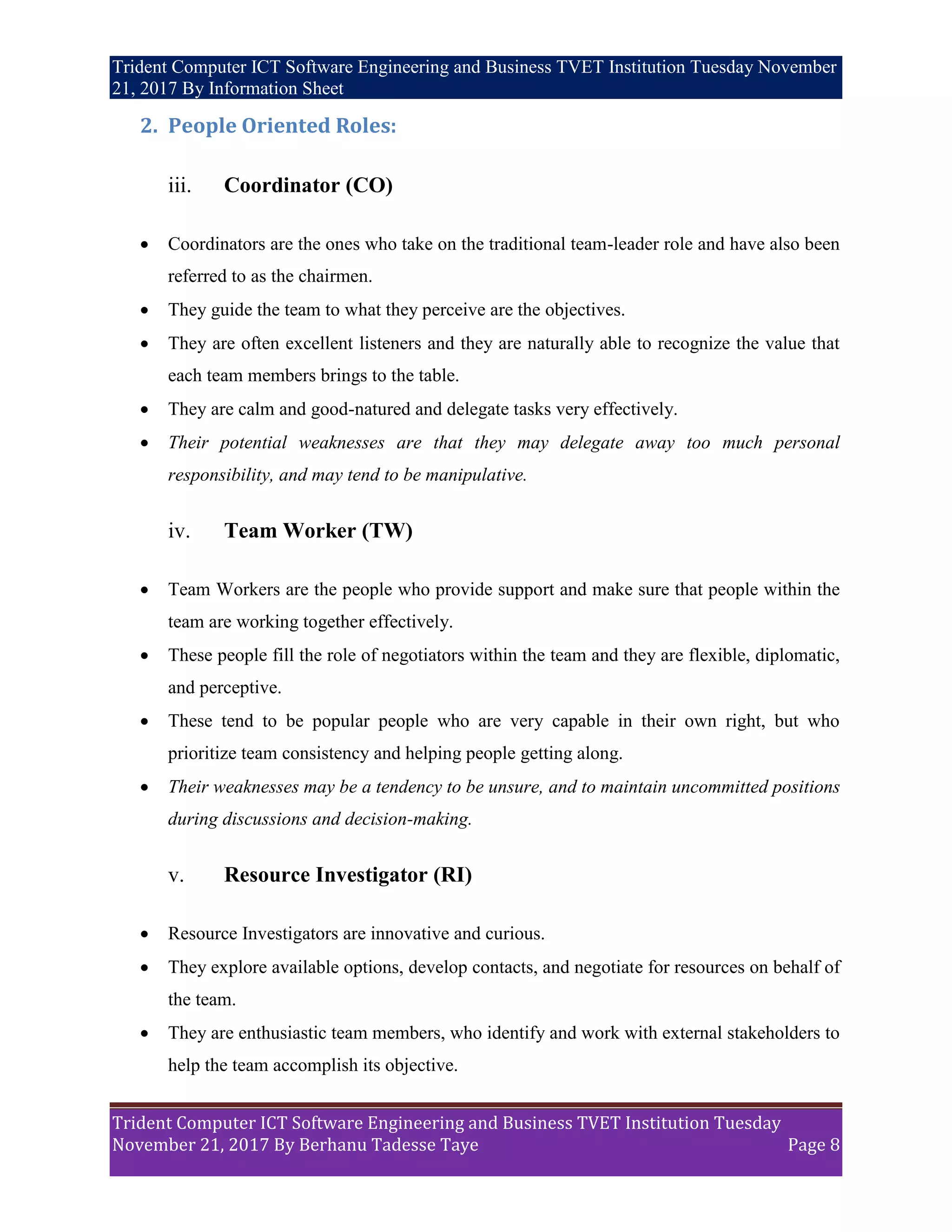 Information sheet work in team enviroment berhanu tadesse | PDF ...