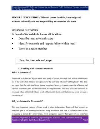 Information sheet work in team enviroment berhanu tadesse | PDF | Business | Business and Finance