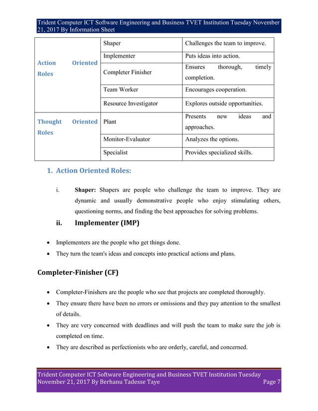 Information sheet work in team enviroment berhanu tadesse | PDF