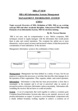 Information system management mba4 sem unit 1 | DOCX