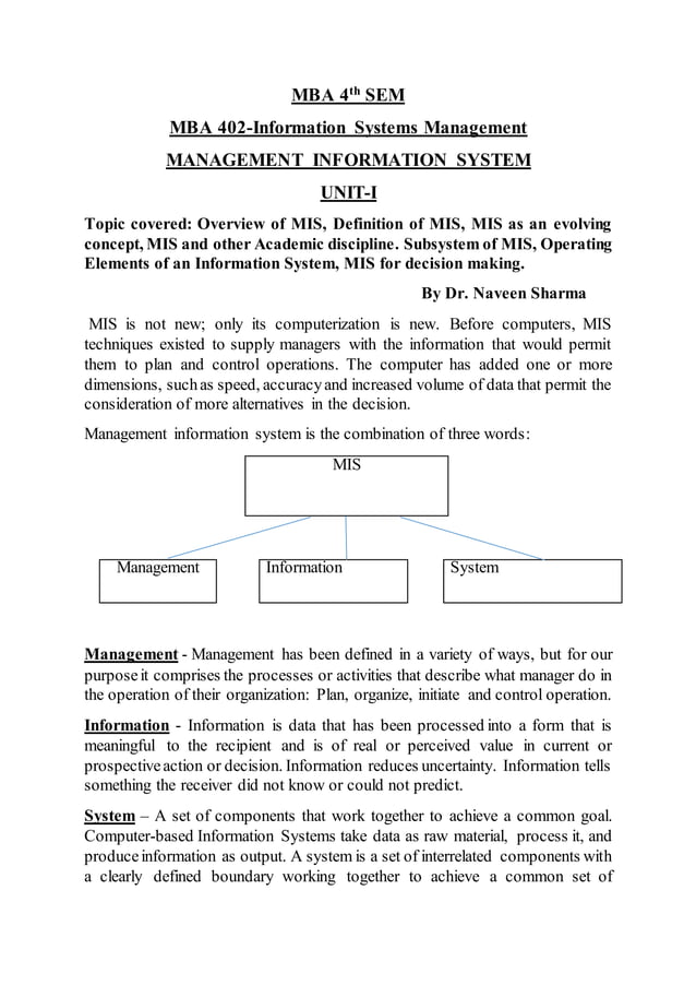 Information system management mba4 sem unit 1 | PDF