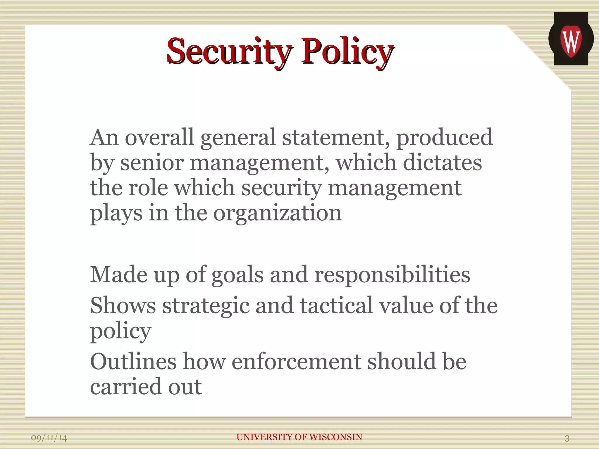 Information Systems 365 Lecture Four Security Policy Development Data Classification Methods