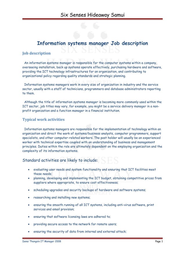 Information Systems Manager Job Description | PDF