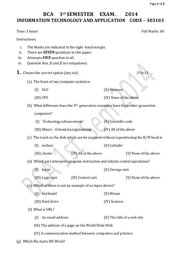 Information Technology And Application Code 303103 Bca 1st Semester Exam 2014