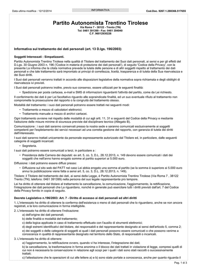 Informativa simpatizzanti PATT | PDF