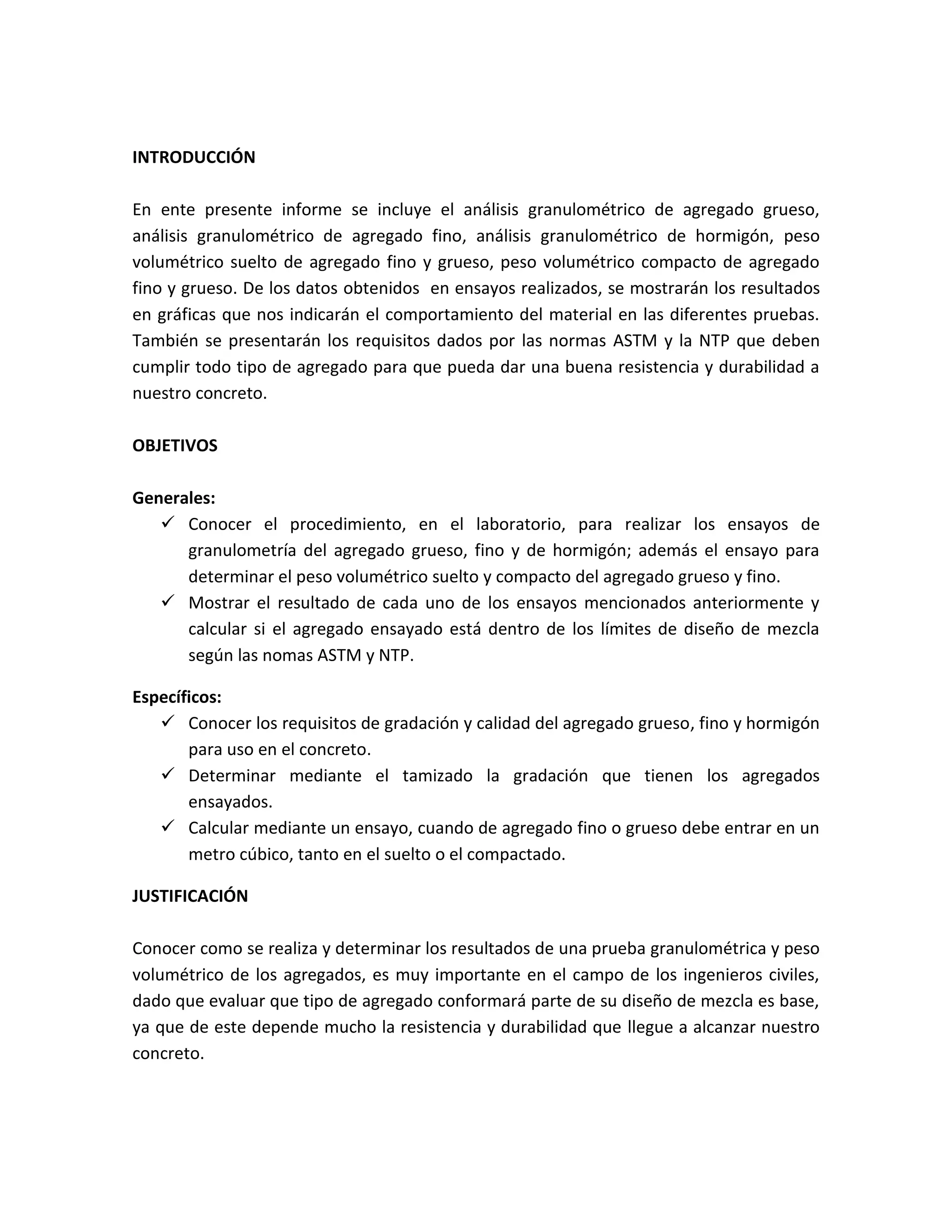 Informe de laboratorio: Análisis granulométrico, volumétrico suelto y ...