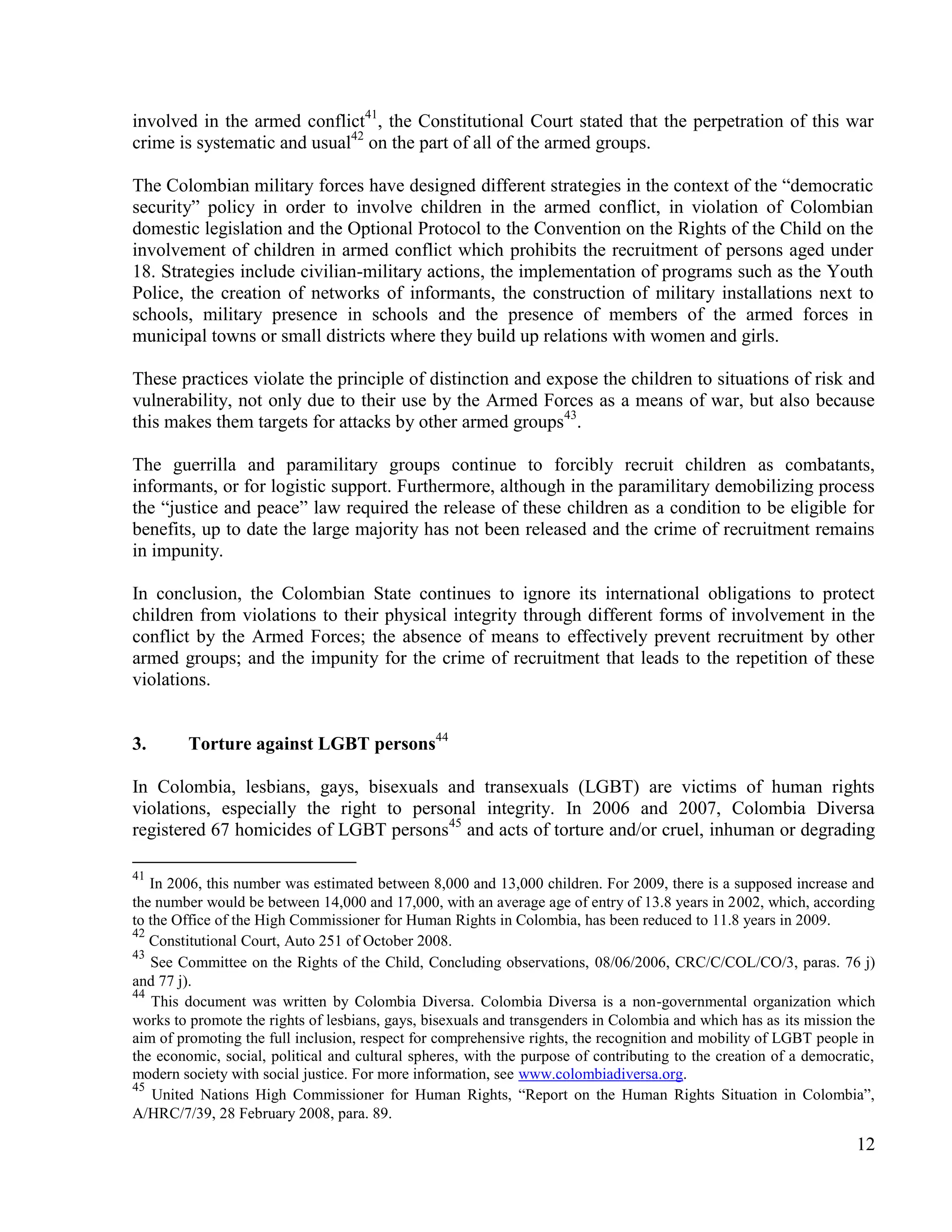 Alternate report to the 4th periodic report of the Colombian State to ...