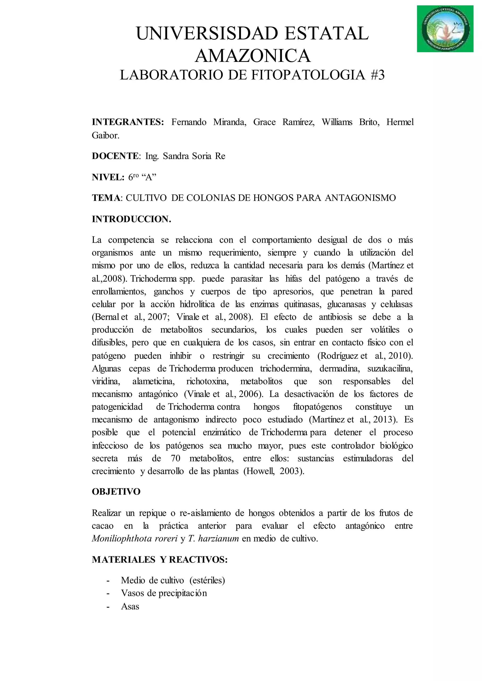 CULTIVO DE COLONIAS DE HONGOS PARA ANTAGONISMO | DOCX