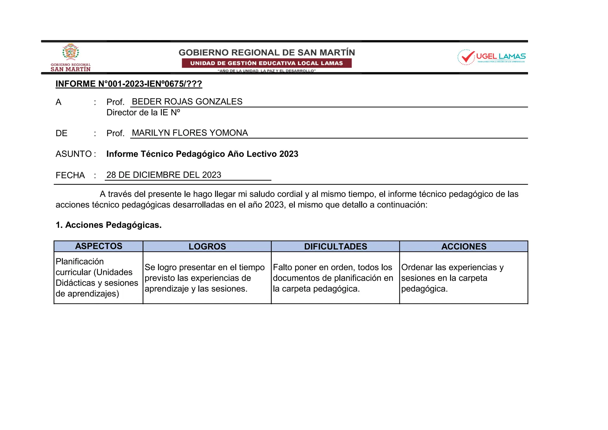 INFORME PEDAGÓGICO DE PRIMER GRADO Y SEGUNDO GRADO DE PRIMARIA | PDF