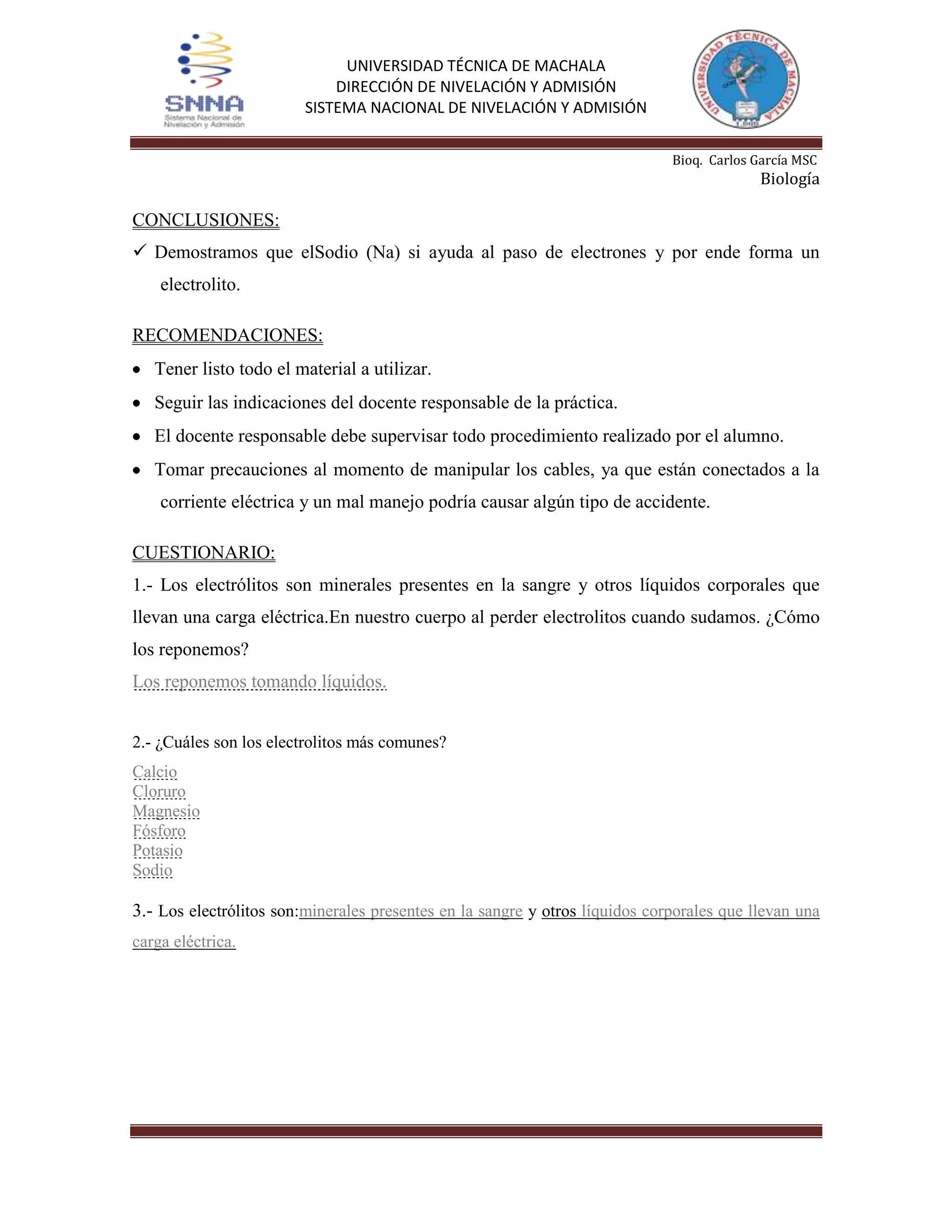 EXPERIMENTO: FORMACIÓN DE UN ELECTROLITO (Informe) | PDF
