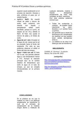 Informe laboratorio de química #4 Cambios físicos y químicos | DOCX