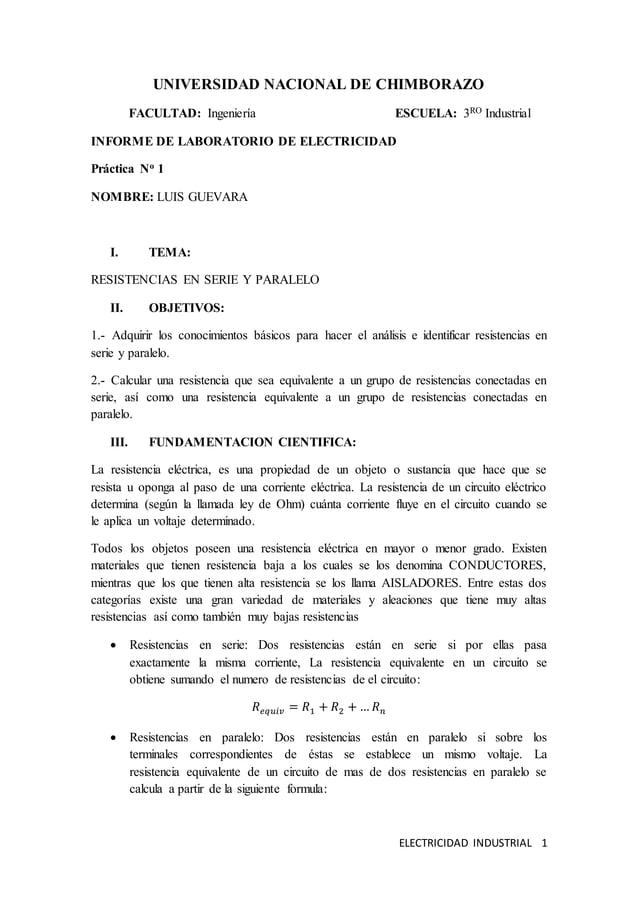 Informe De Laboratorio De Electricidad Resistencias En Serie Y Paralelo