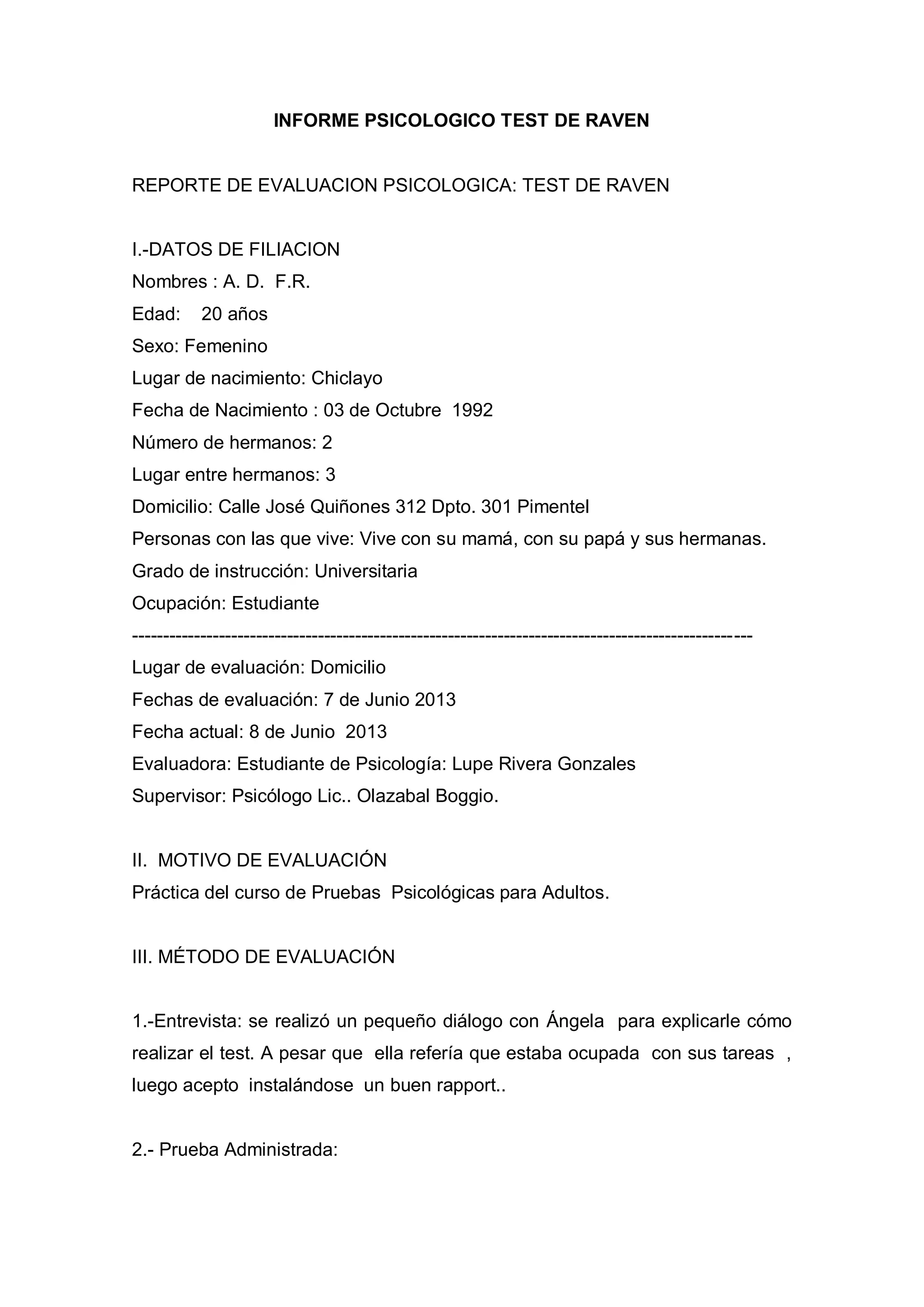 TEST DE RAVEN . Informe Psicológico | PDF