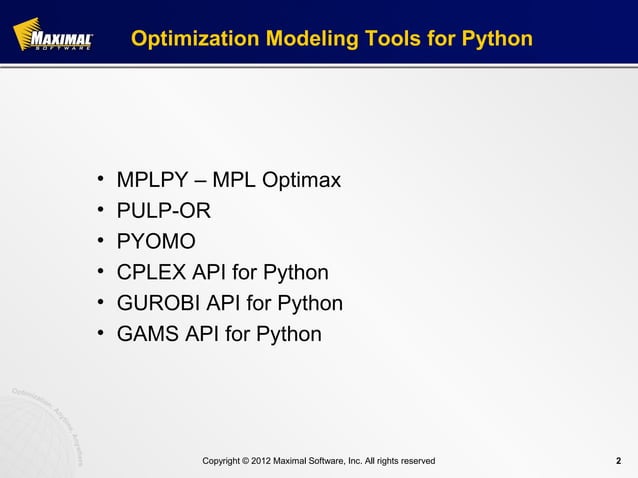 Maximal Comparison Of Optimization Modeling Software For Python Oct 0756