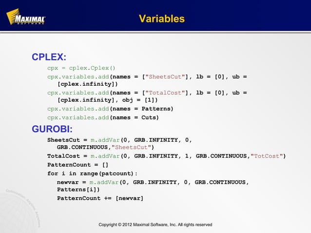 Maximal: Comparison of Optimization Modeling Software for Python - Oct 2012 | PPT