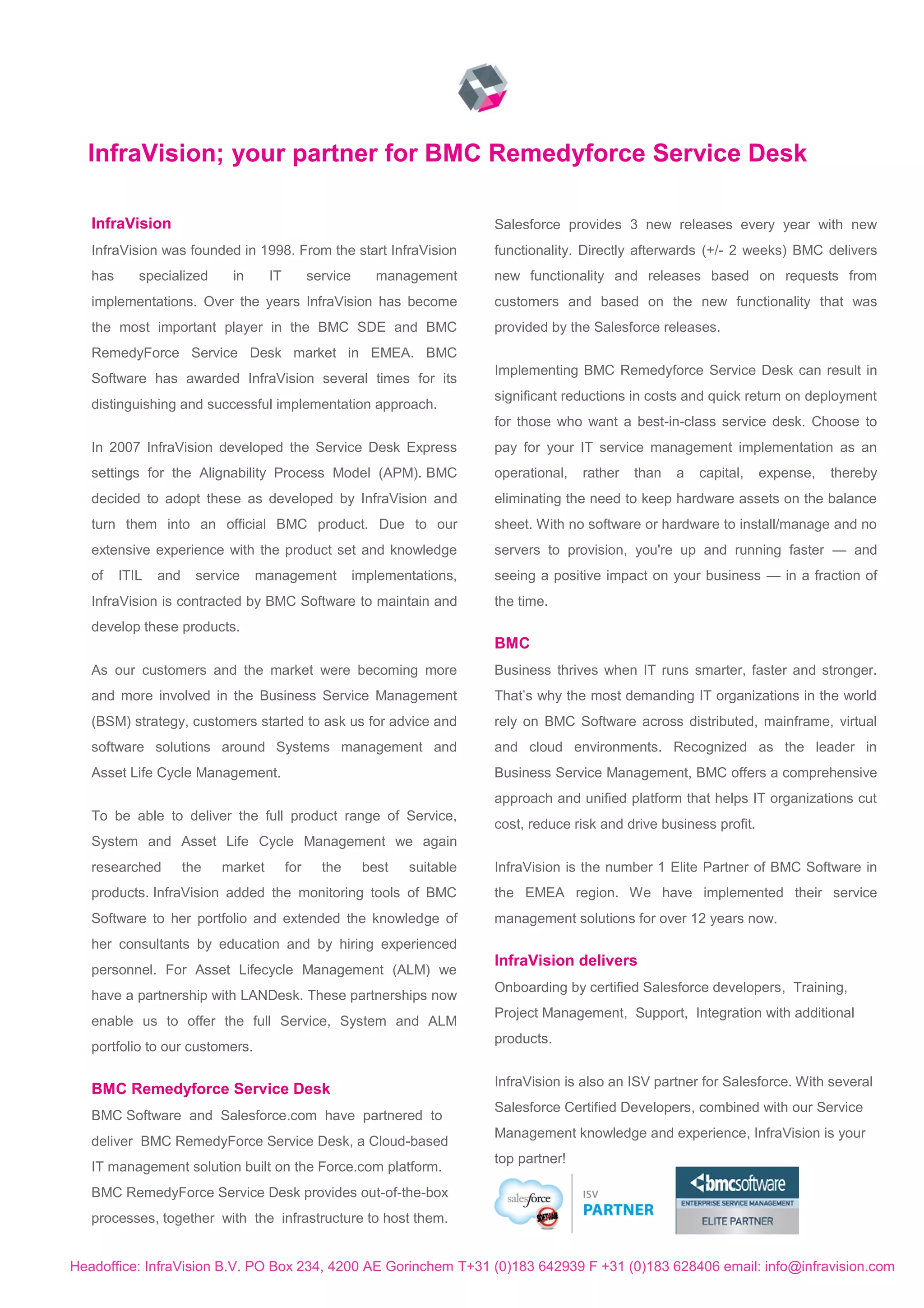 Infosheet InfraVision and RemedyForce | PDF