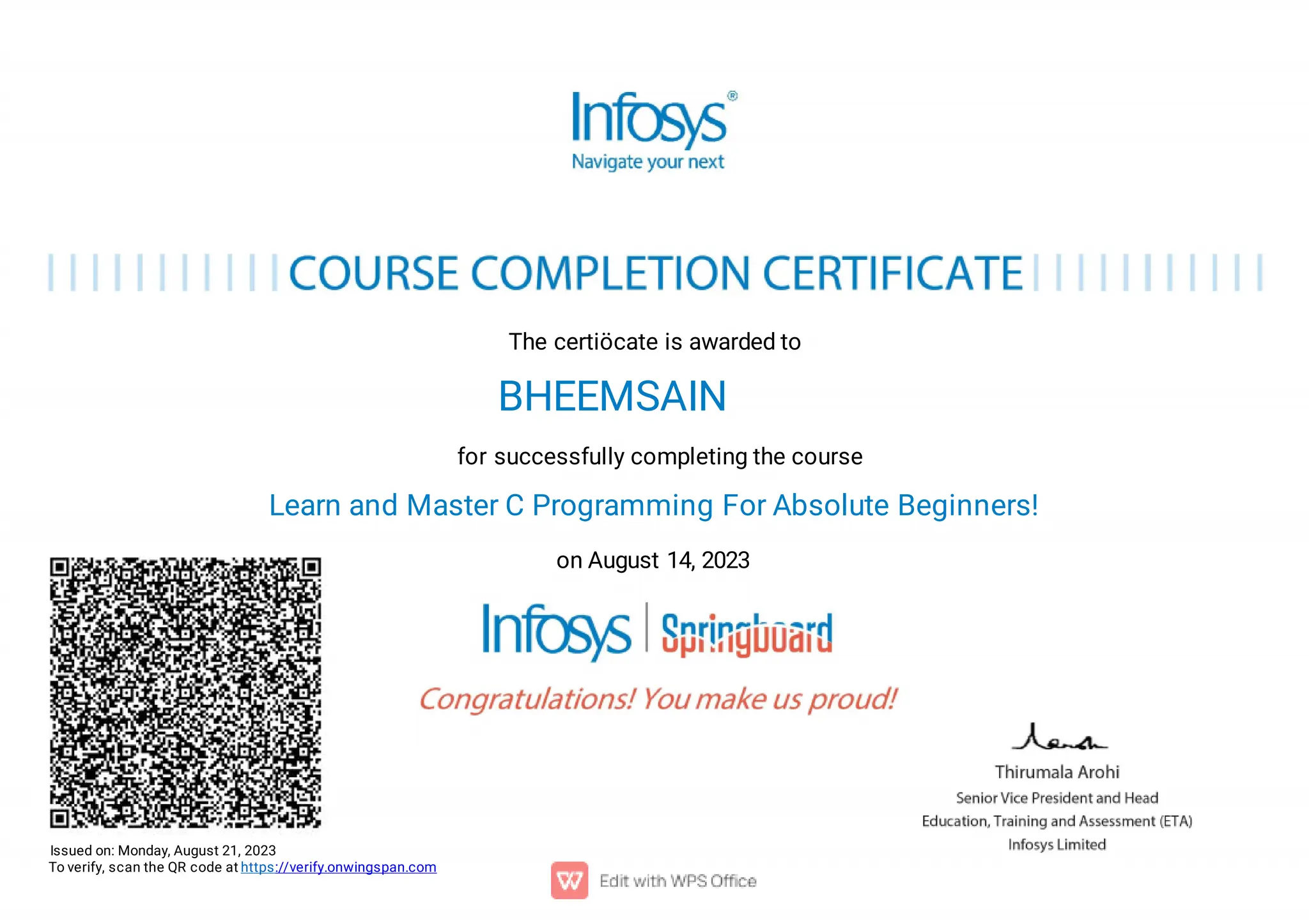 Infosys certificate bheem .pdf | Technology & Computing