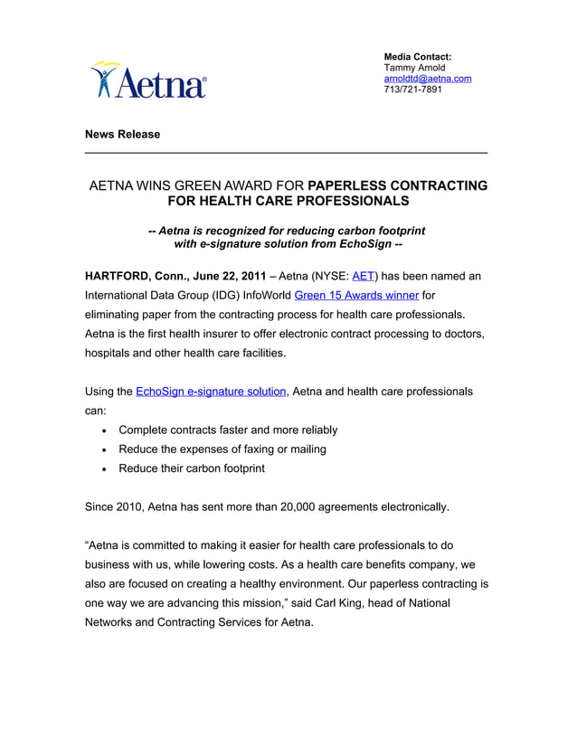 Aetna Goes Green with EchoSign Electronic Signature, Wins Infoworld 15 ...