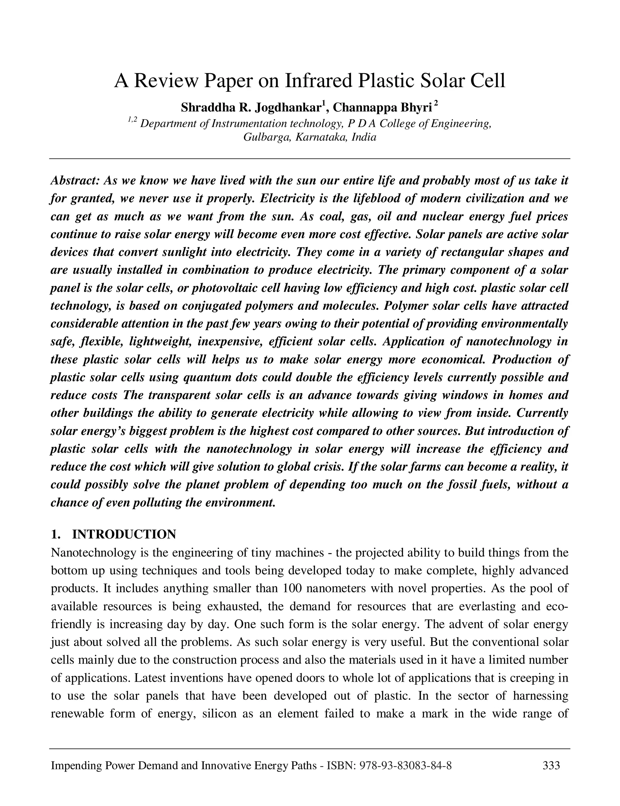 Infrared plastic solar cell @1000KV Technologies 9030844877 | PDF