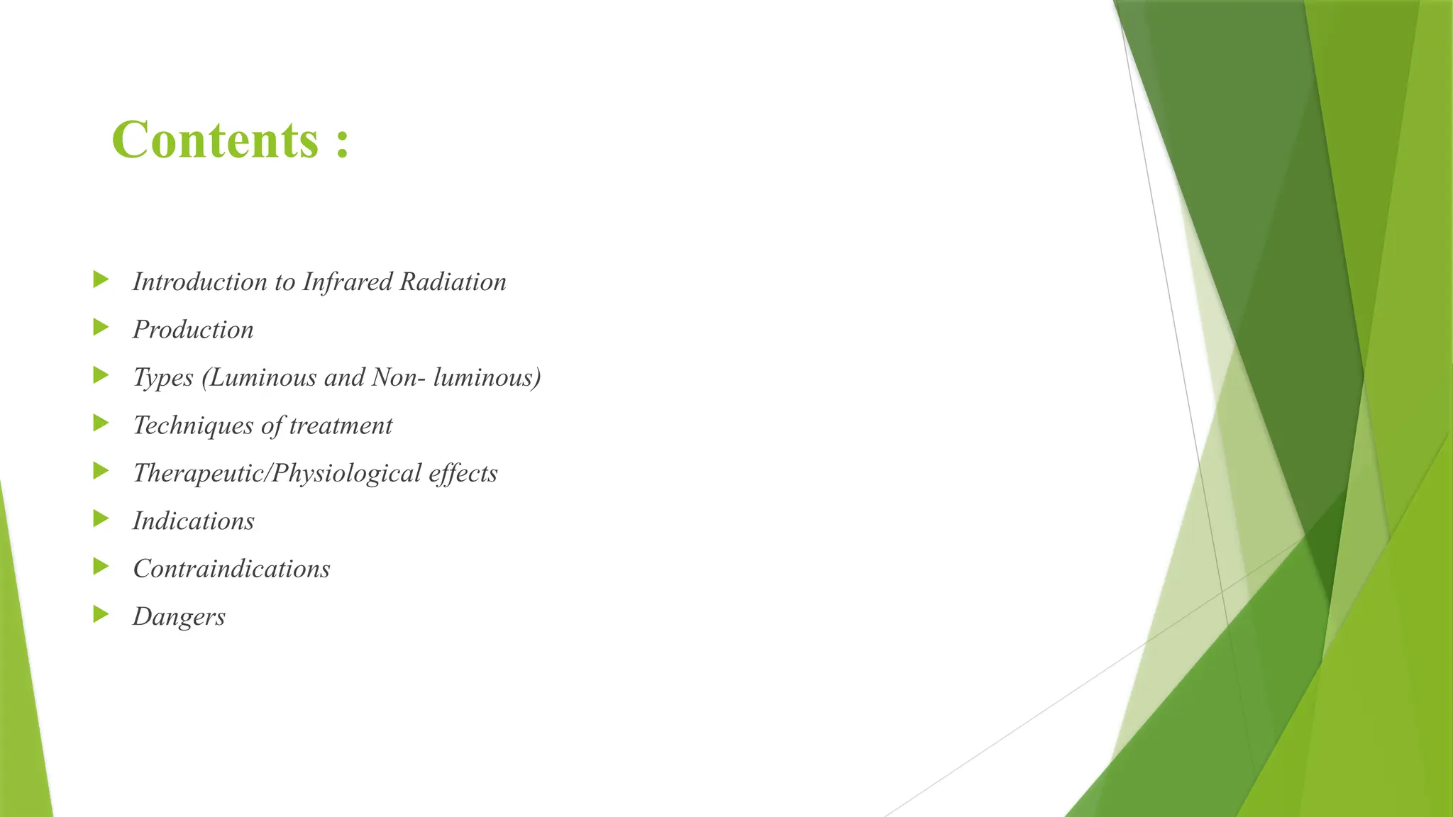 Infrared Radiation in electrotherapy for physiotherapy | PPTX