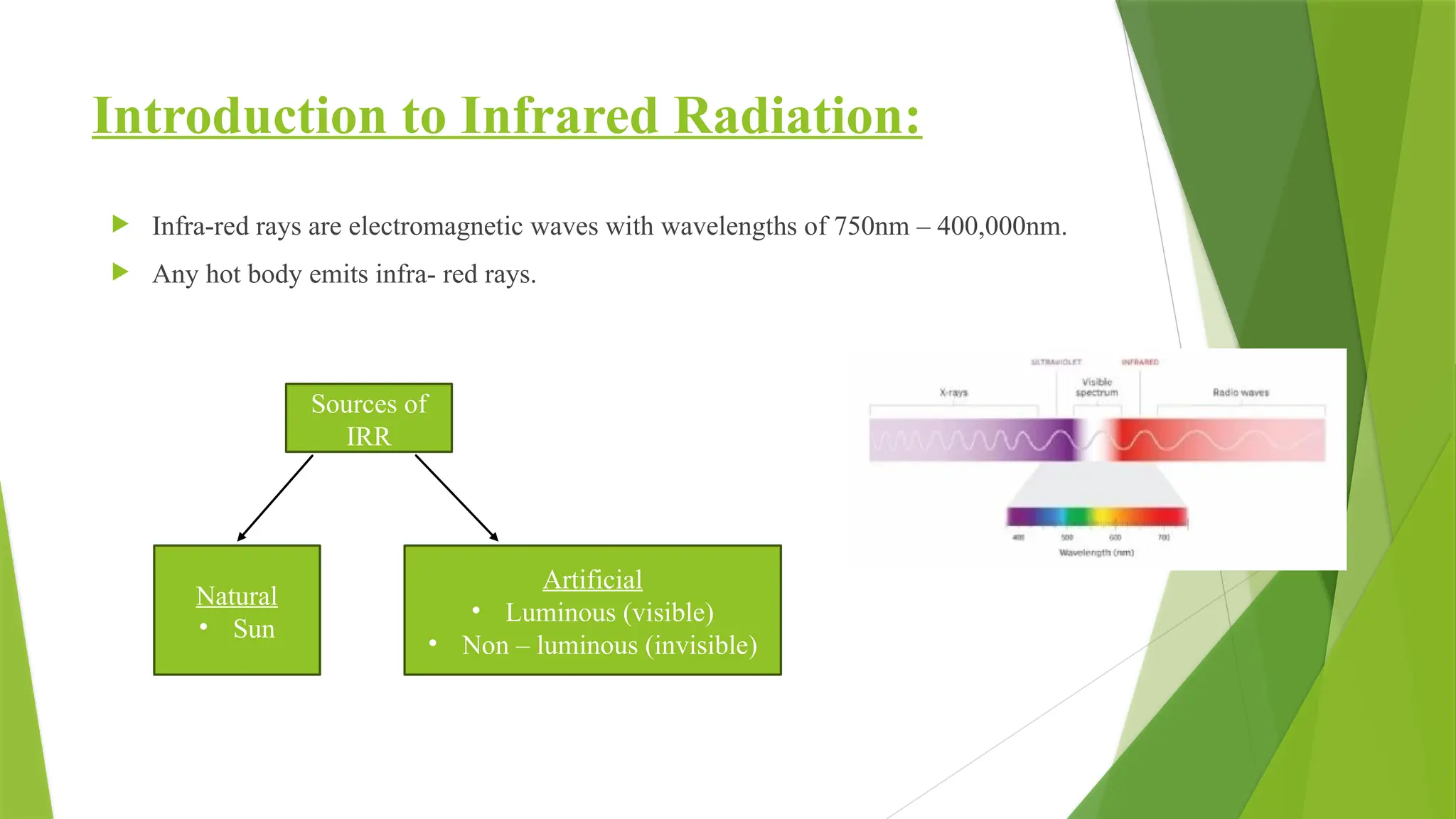 Infrared Radiation in electrotherapy for physiotherapy | PPTX