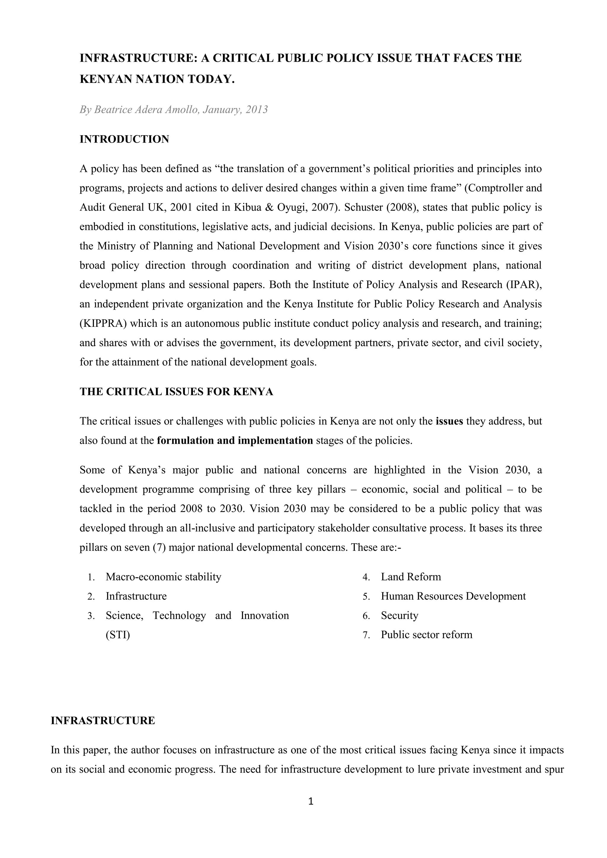 Infrastructure a critical public policy issue that faces the kenyan ...