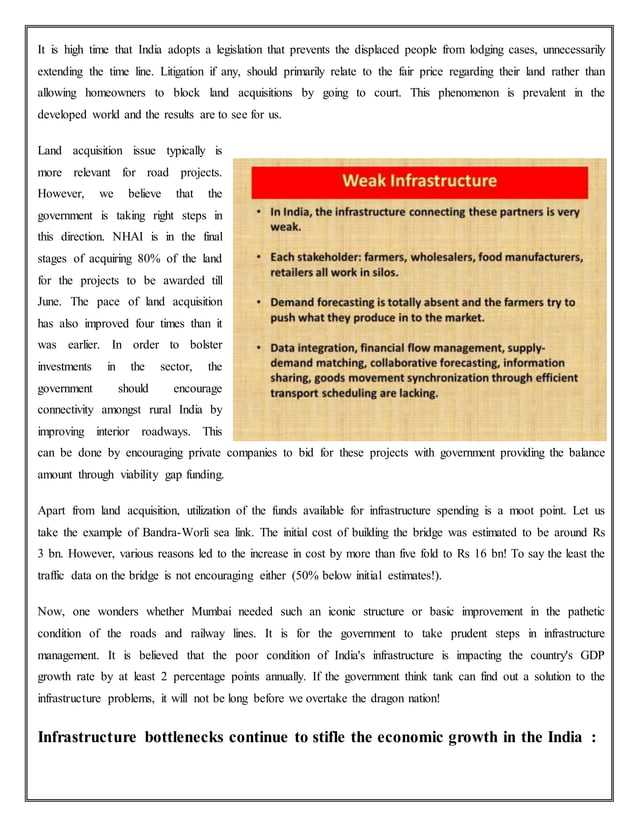 Infrastructure bottleneck in india | DOCX | Civil Engineering Industry ...