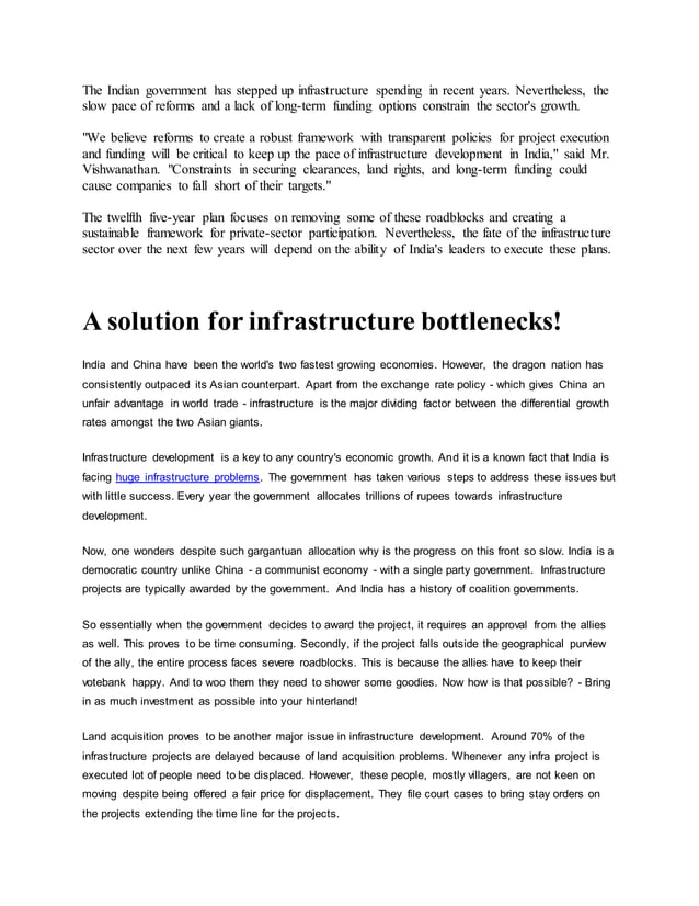 Infrastructure bottlenecks affect india | DOCX | Economy | Business and ...