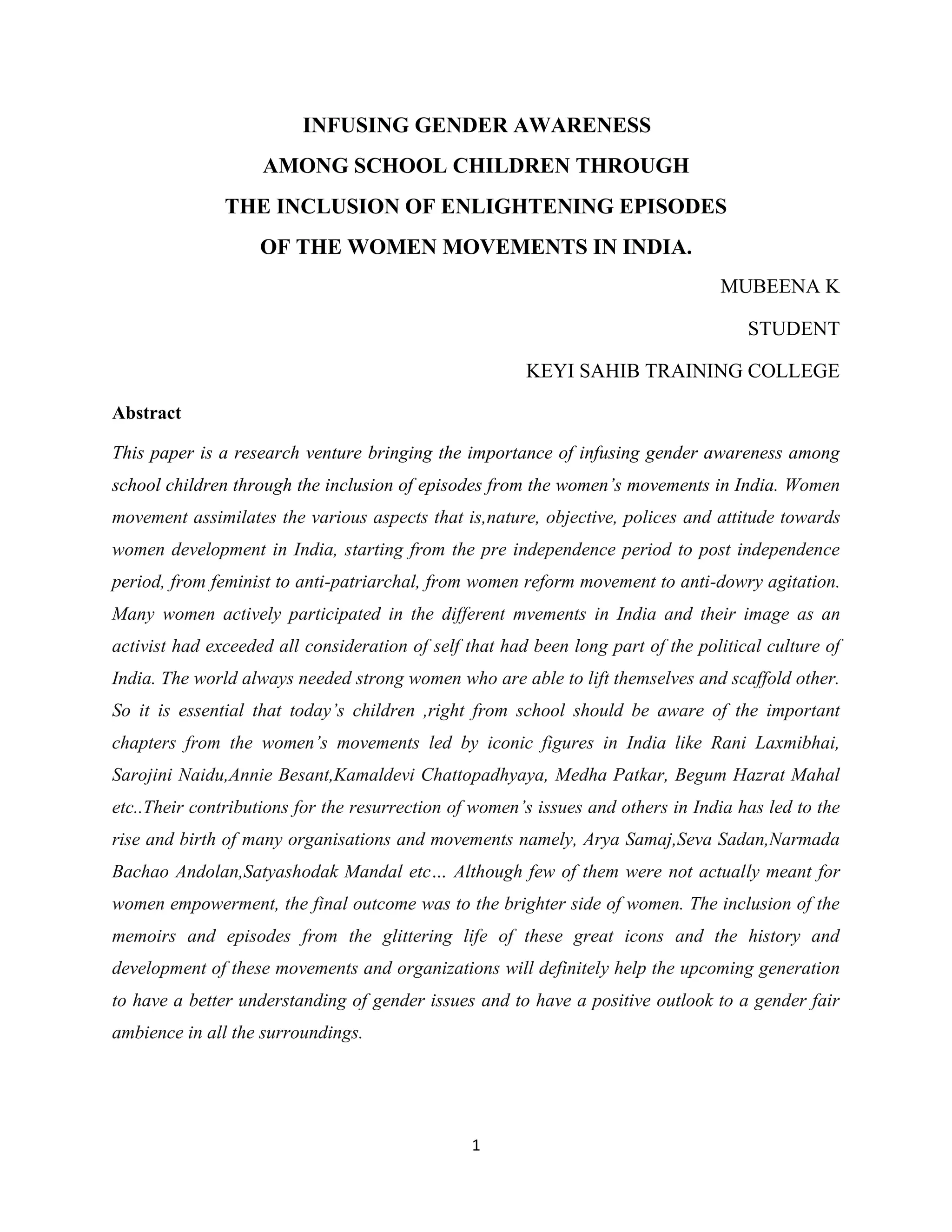 Infusing gender awareness among children through the inclusion of episodes from the women ...