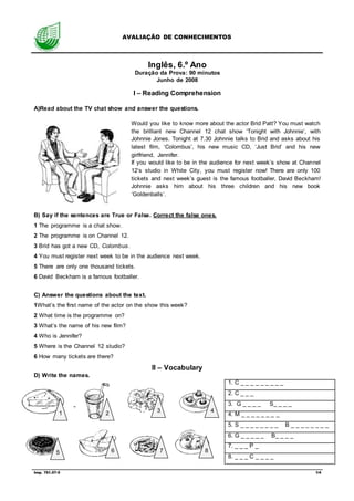 Inglês 6.º teste global | PDF