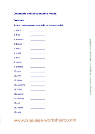 Countable And Uncountable Nouns Exercise Worksheet English, 51% OFF