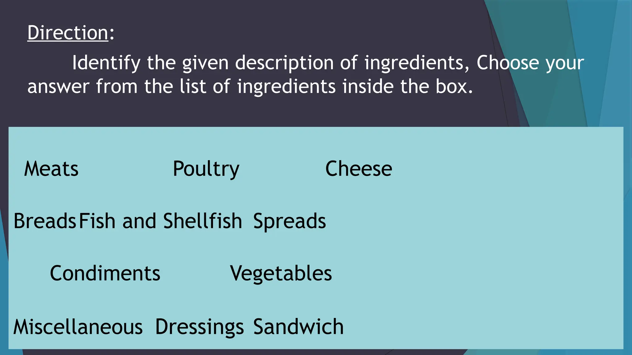 INGREDIENTS USED FOR SANDWICHES Cookery 9.pptx