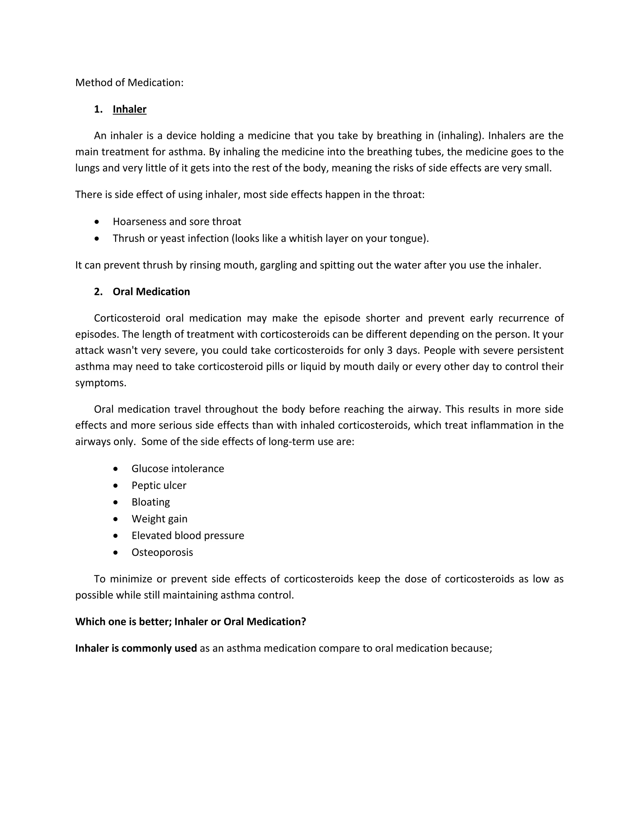 Asthma Medication: Inhaler vs Oral Medication | DOCX