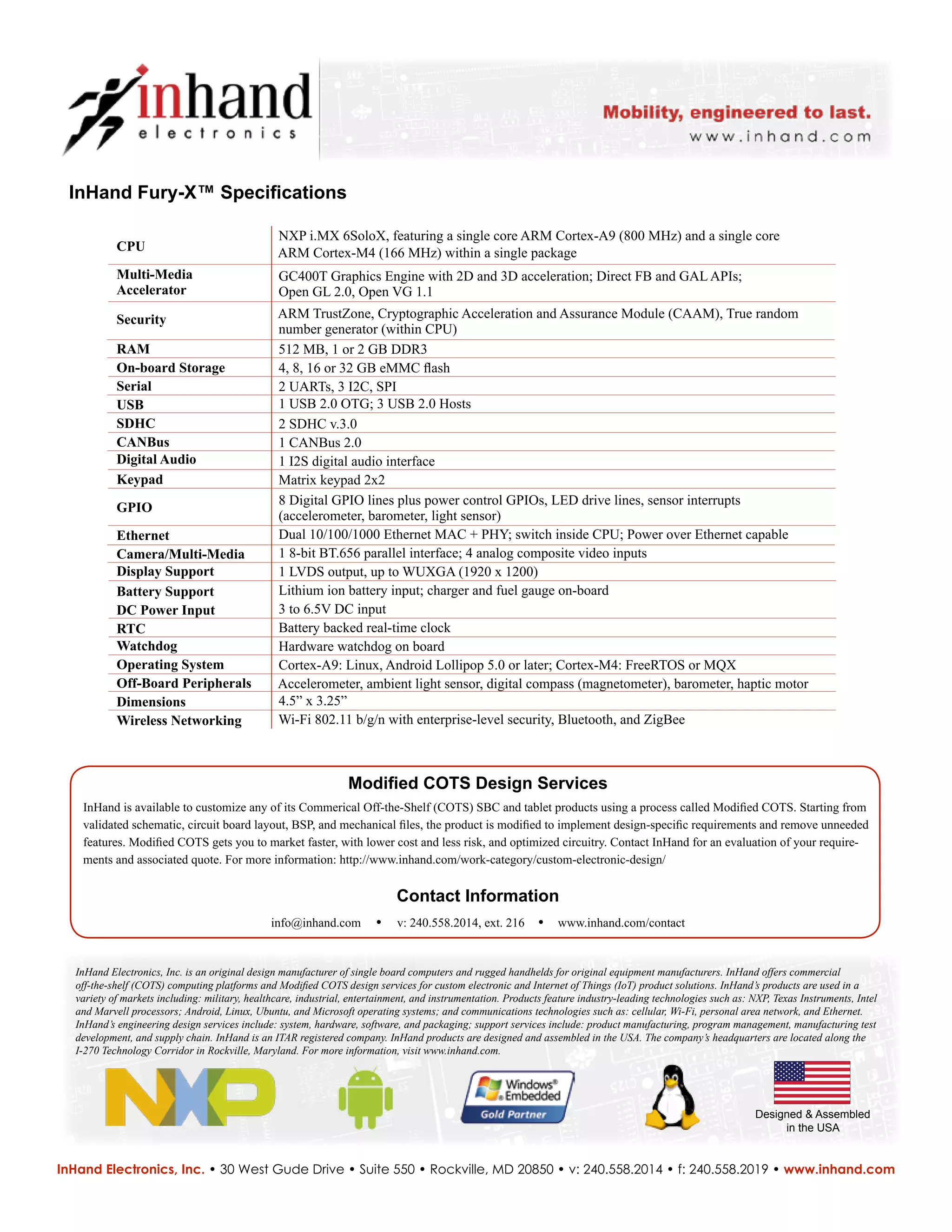 InHand Fury-X™: Mobile, IOT Platform Optimized | PDF