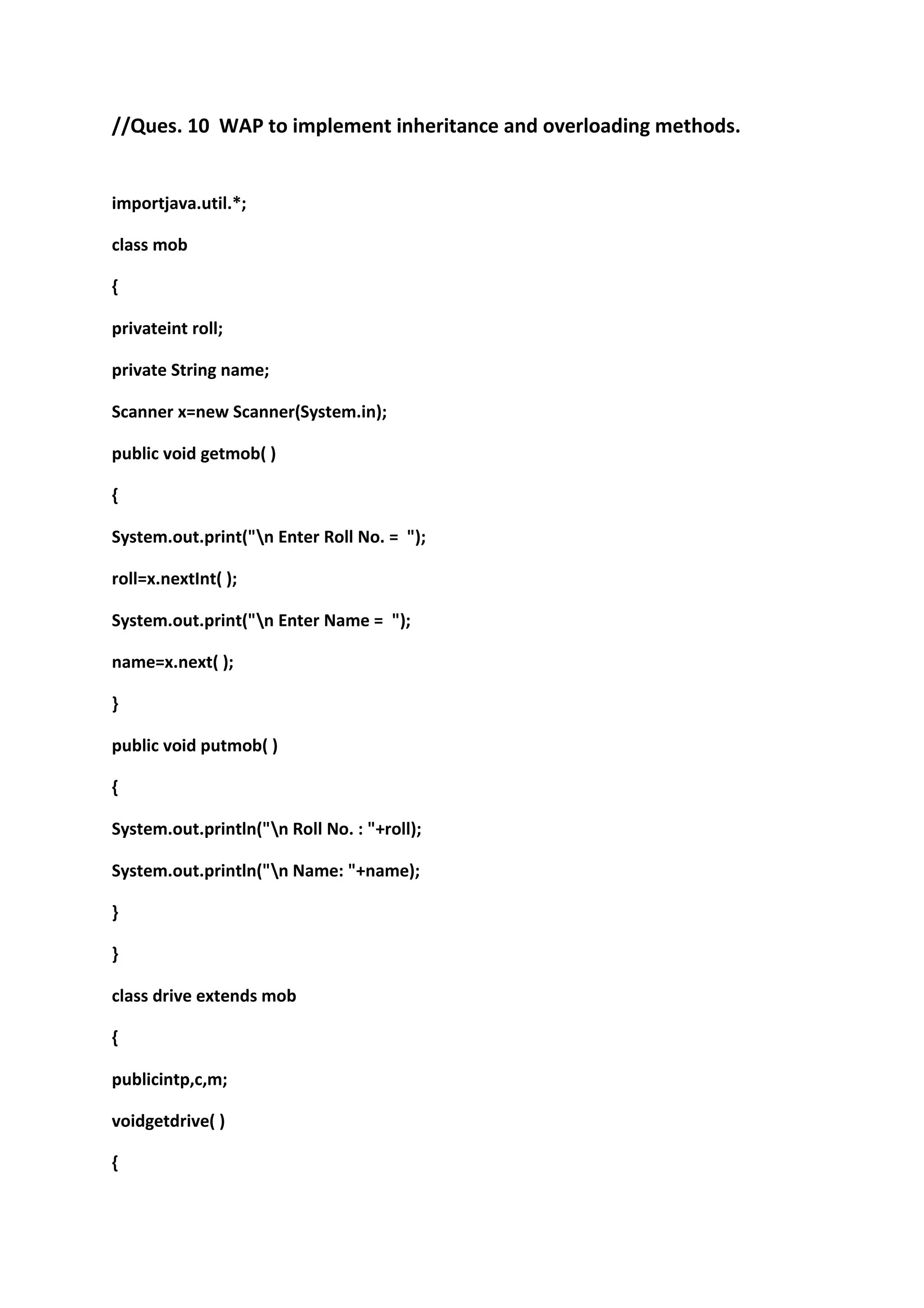 WAP to implement inheritance and overloading methods in java | PDF
