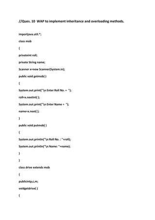 WAP to implement inheritance and overloading methods in java | PDF