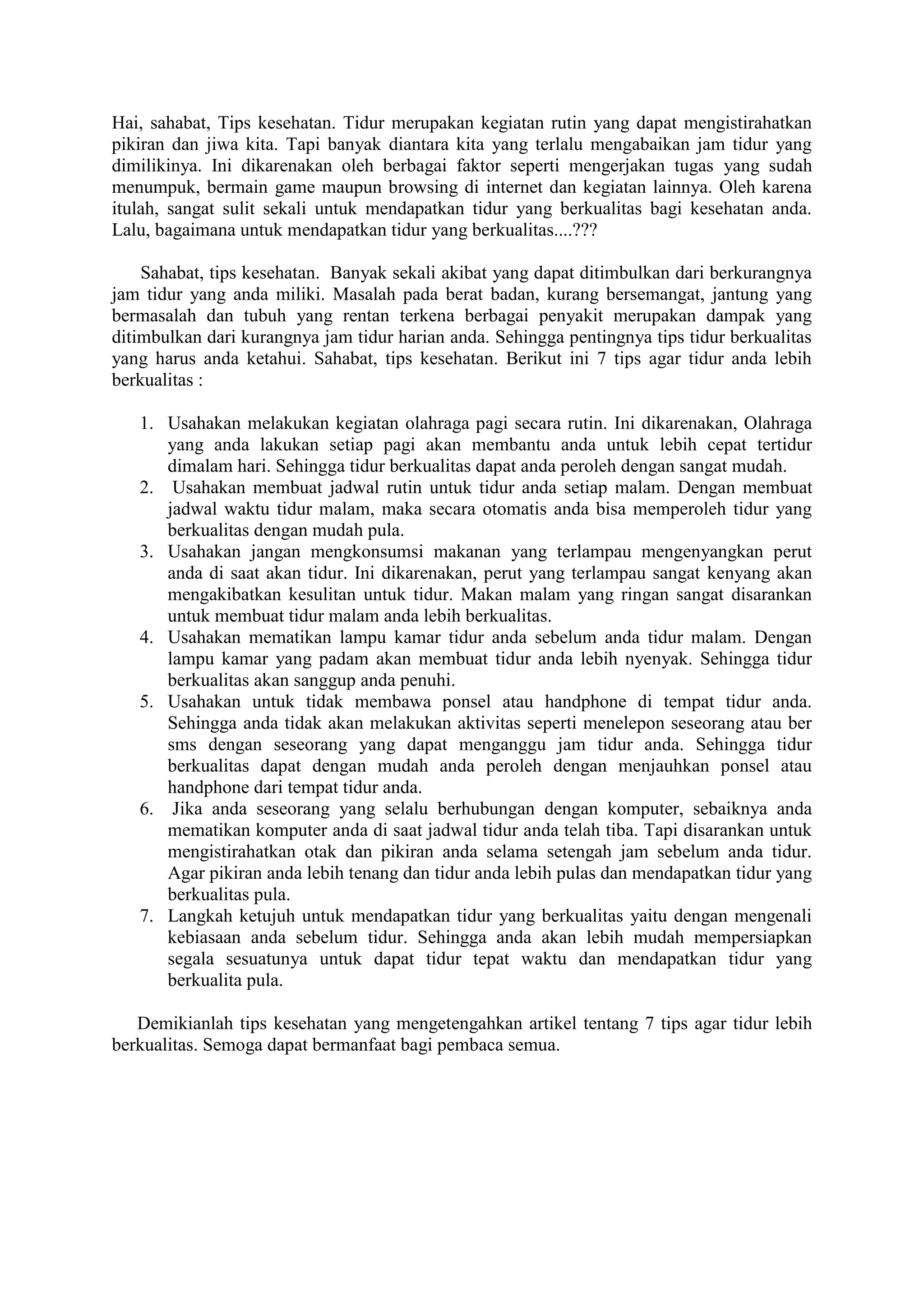 Inilah 7 tips agar tidur lebih berkualitas | PDF