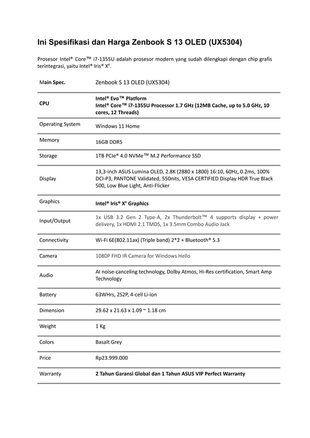 Ini Spesifikasi dan Harga Zenbook S 13 OLED (UX5304) | PDF | Laptops | Computing