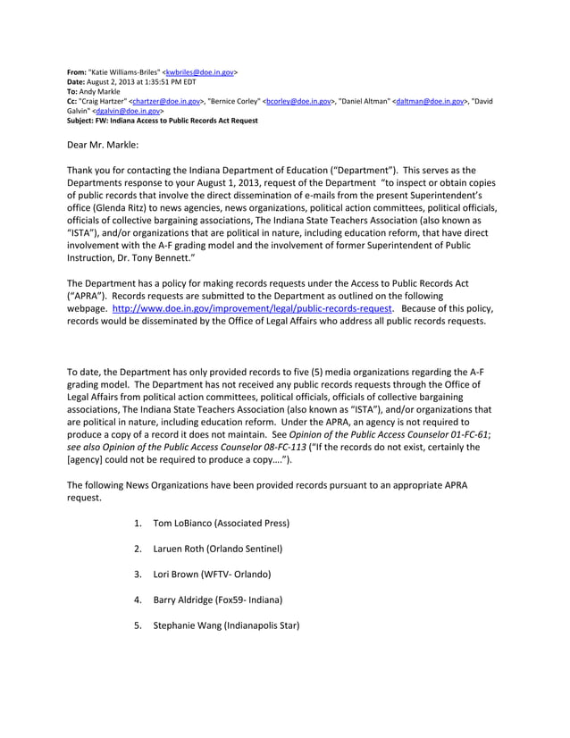 Andy Markle's original request for public records and the response from ...