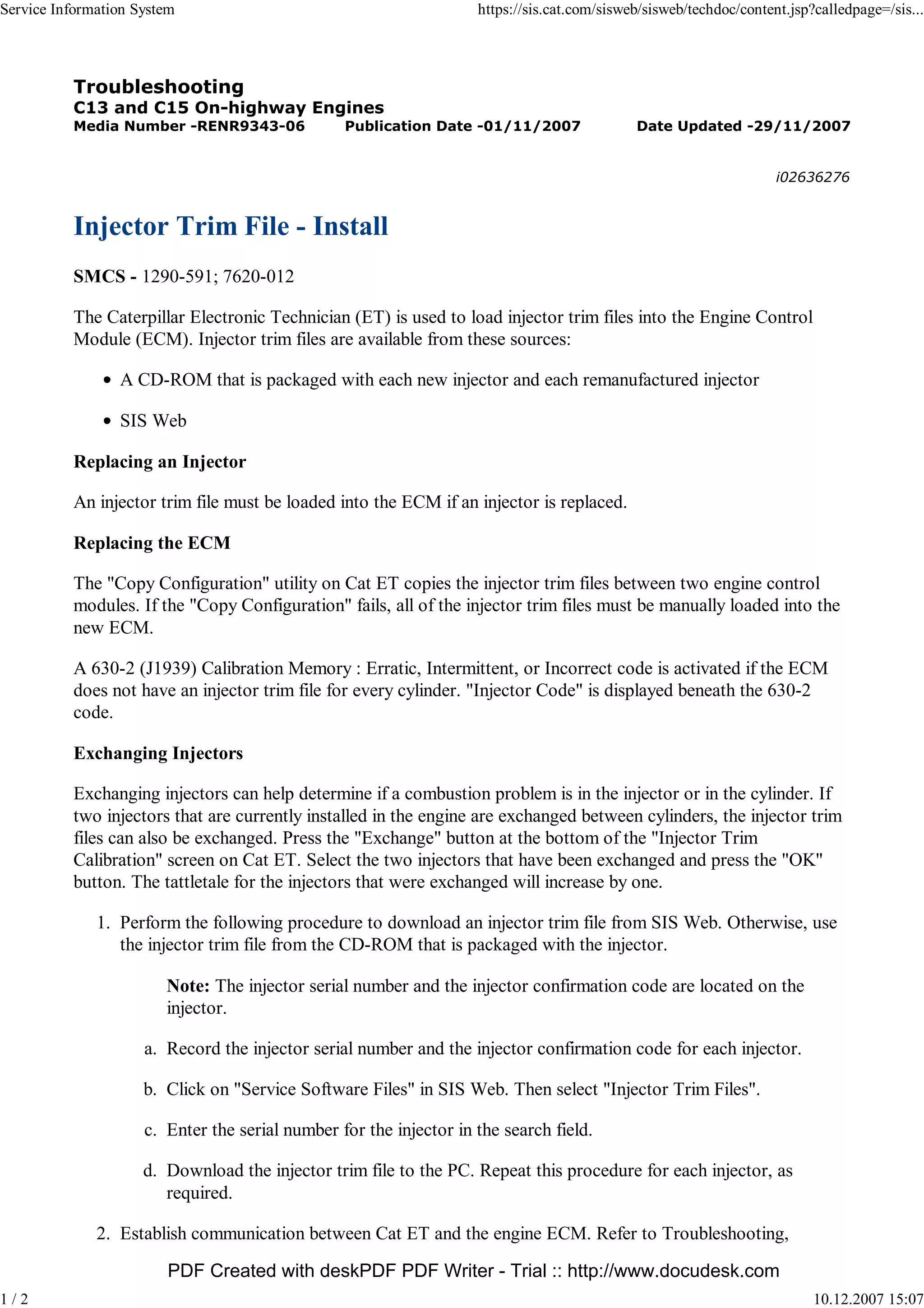 Injector trim file install smcs-1290-591 i02636276 | PDF