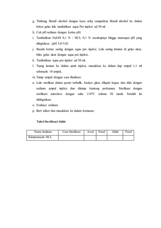 Laporan Teknologi Sediaan Steril : Pembuatan Injeksi klorpromazin HCL ...