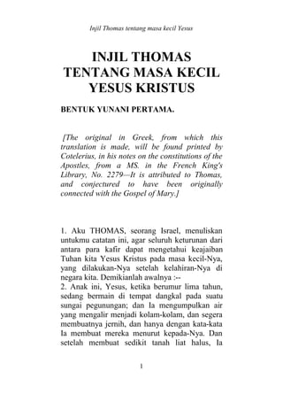 Injil Thomas tentang masa kecil Yesus (Bentuk Yunani pertama) | PDF