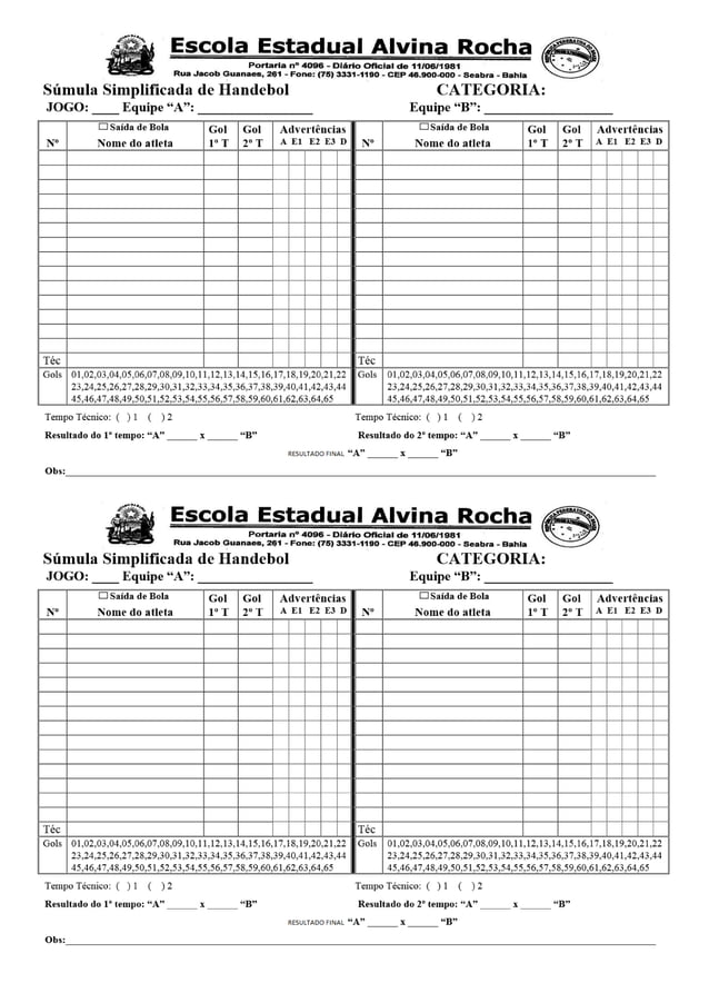 Súmulas adaptadas para handebol e futsal alvina 2014(sumula simplif…