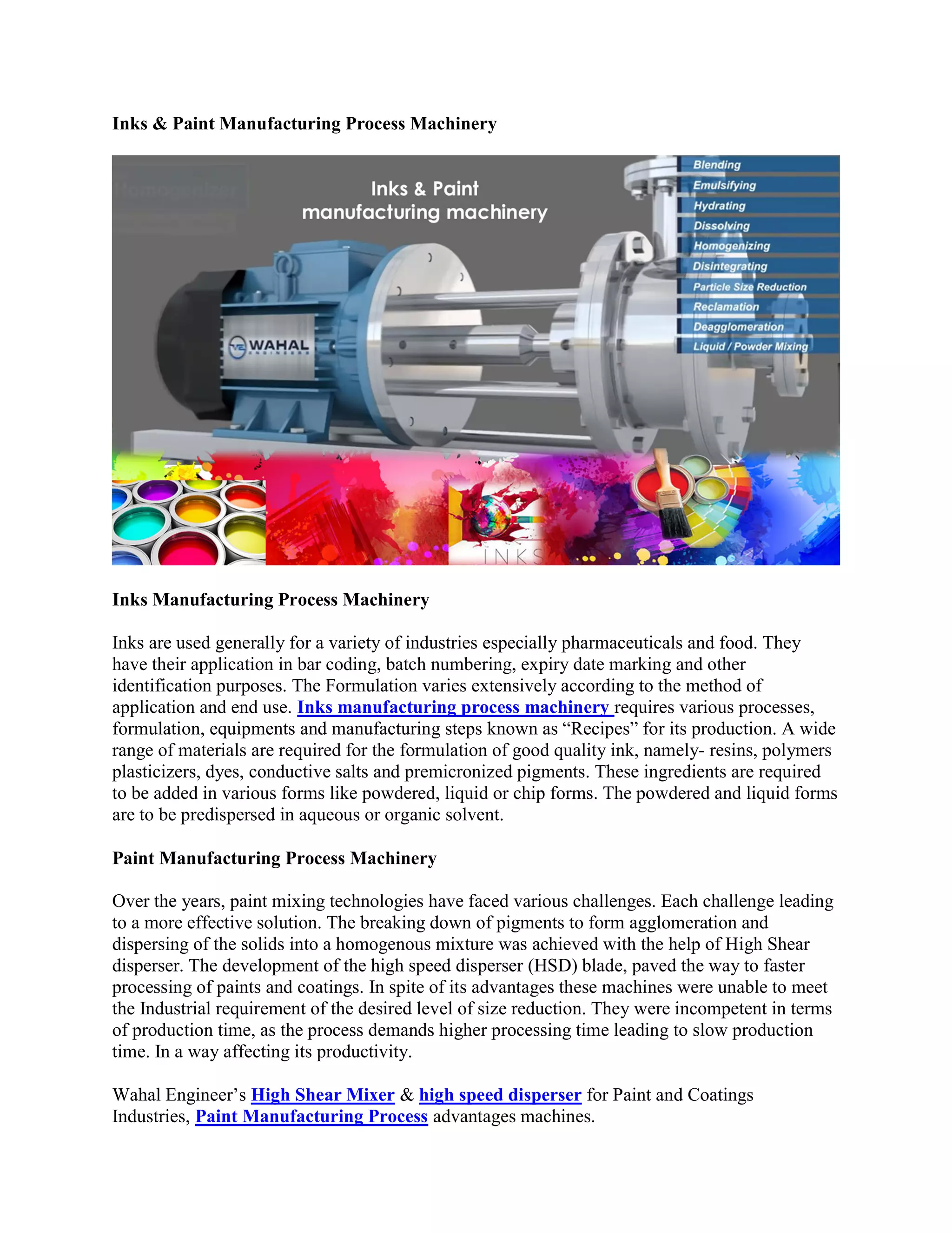 Inks & Paint Manufacturing Process Machinery | PDF