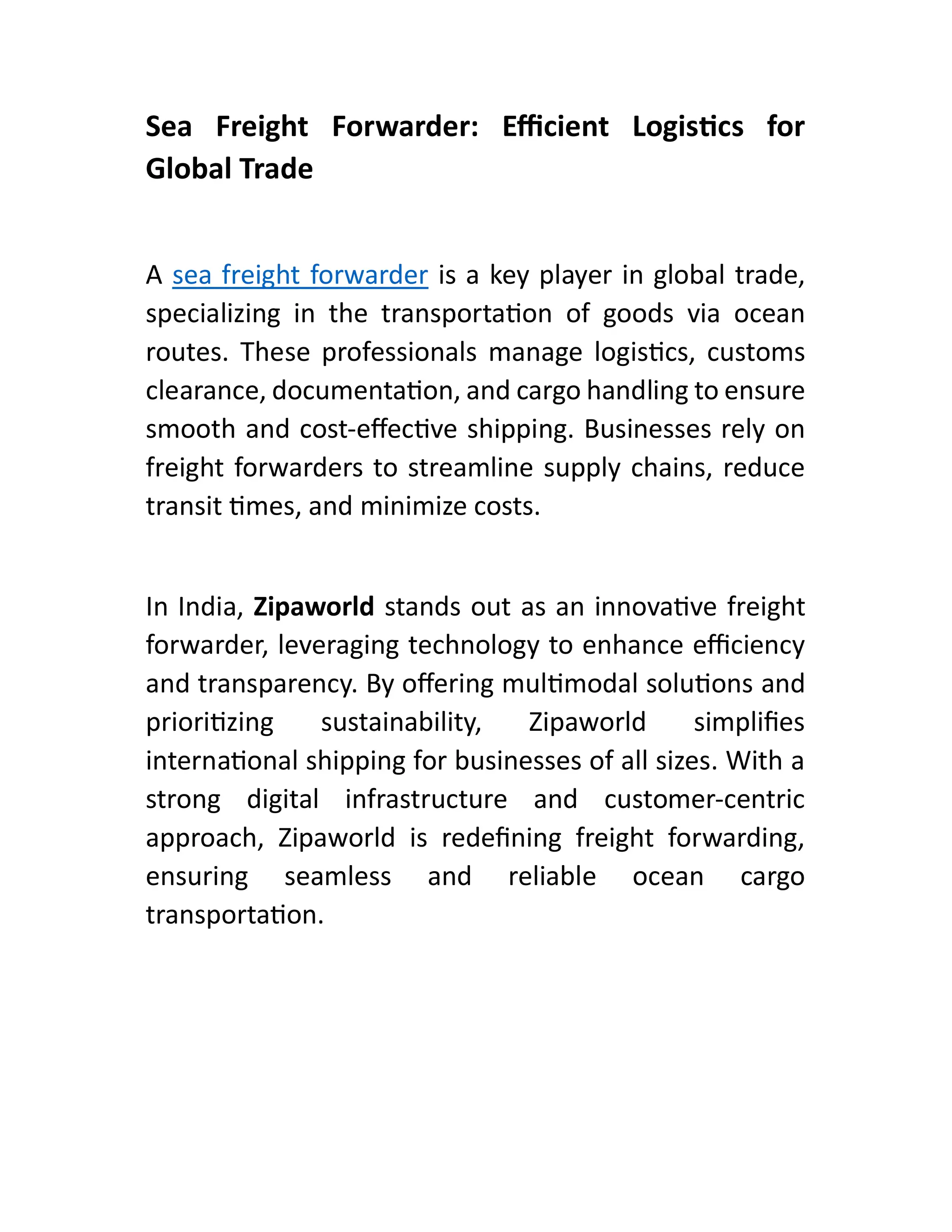 Sea Freight Forwarder: Efficient Logistics for Global Trade | PDF