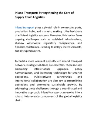 Inland Transport: Strengthening the Core of Supply Chain Logistics | PDF