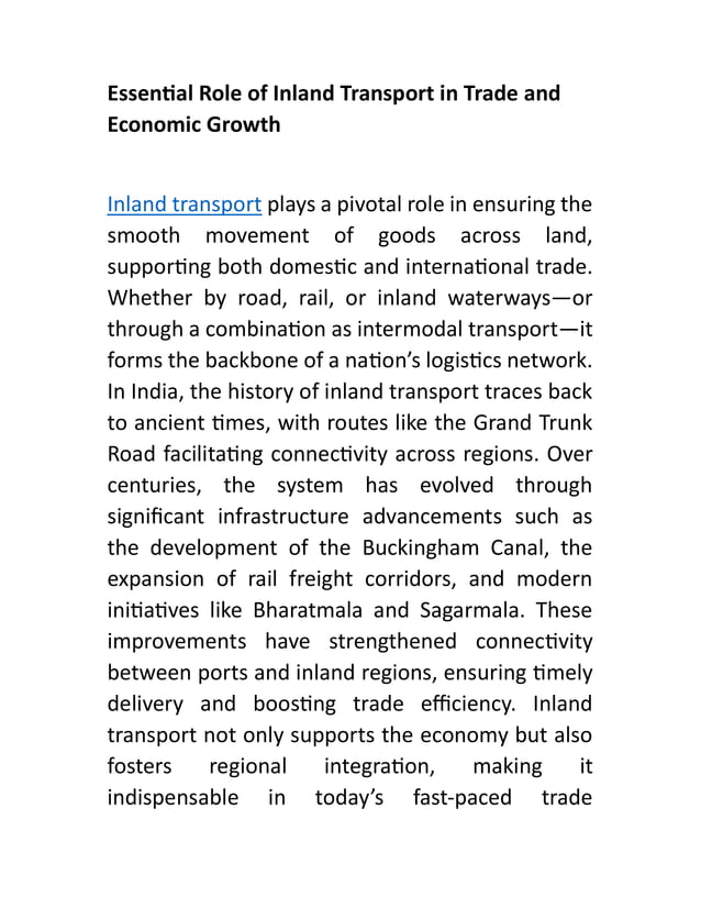 Essential Role of Inland Transport in Trade and Economic Growth | PDF