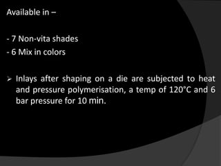 inlays and onlays, classification of inlays and onlays | PPTX