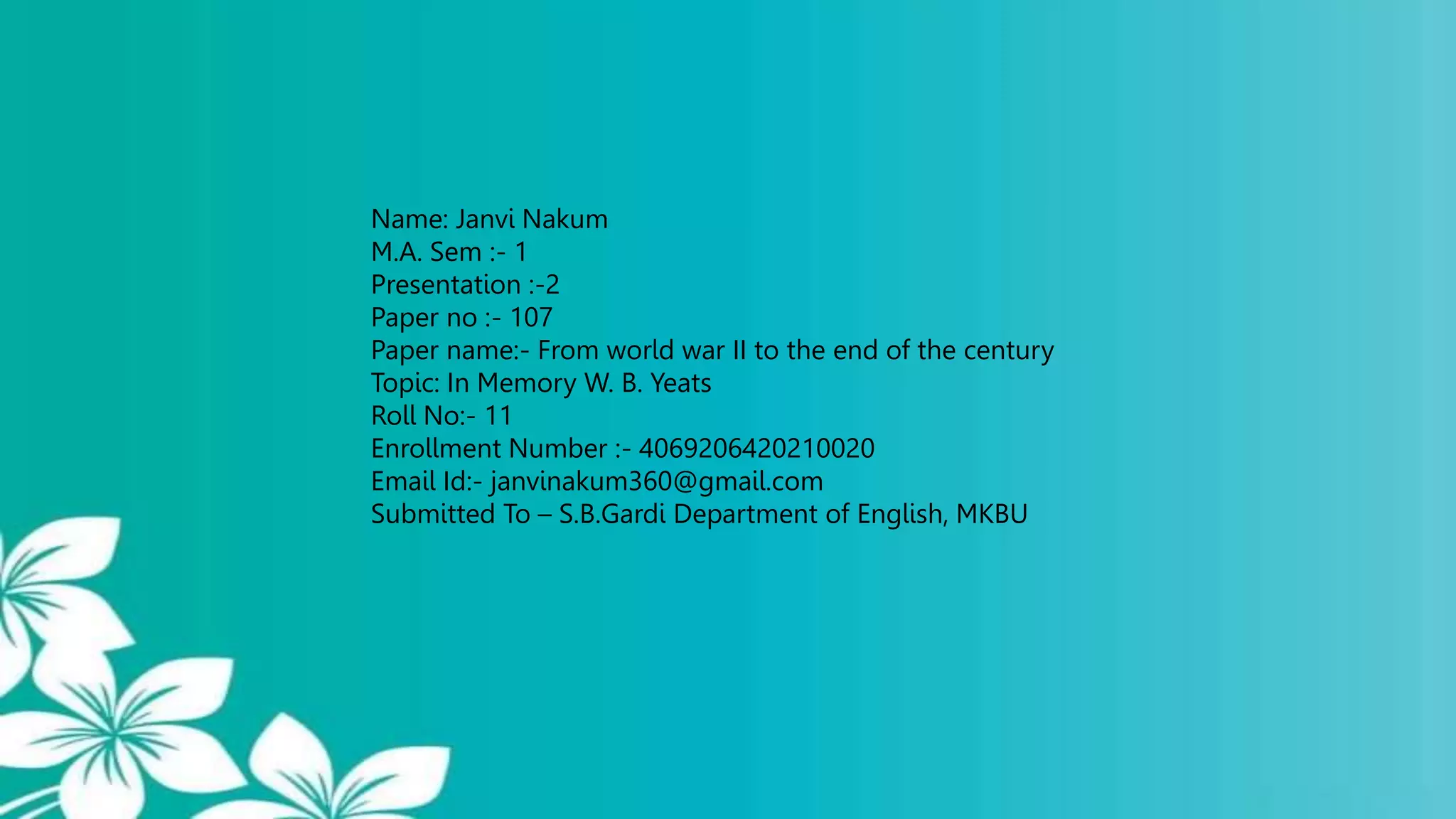 In Memory of W.B. Yeats | PPT