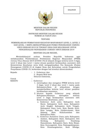 Inmendagri ppkm level 3 level 2 level 1 no 26 tahun 2021 | PDF